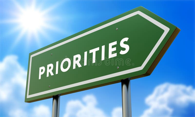 Priorities Green Road Sign Against Clouds and Sunburst Stock ...