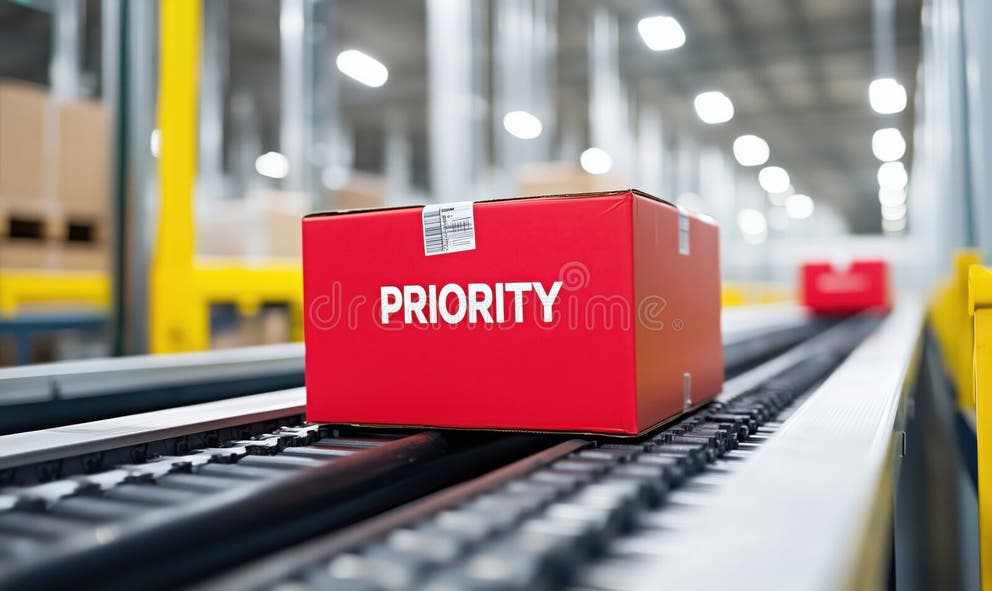 Priority Package on Conveyor Belt in Modern Warehouse, Showcasing Efficient Logistics and ...