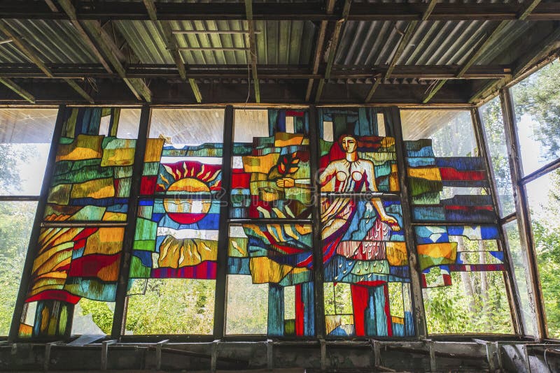 Pripyat, Ukraine, August 2020: Stained Glass Window in the Cafe ...