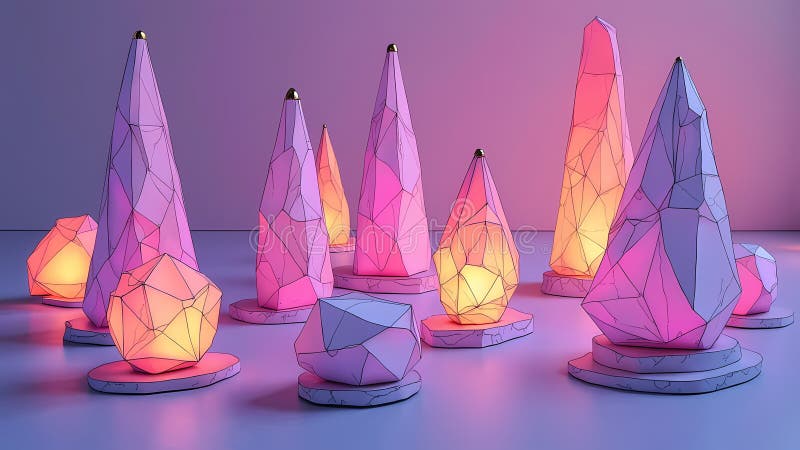 Prism-Like Sculptures in Violet Space with Ambient Light Stock Image ...