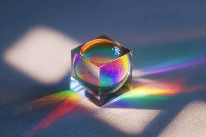 Prismatic Cube. Glass Cube with Sphere Inside, Casting Vibrant Rainbow ...