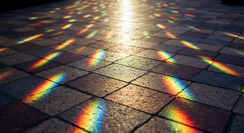Prismatic Light Refraction on Wet Pavement Creates a Rainbow Effect ...
