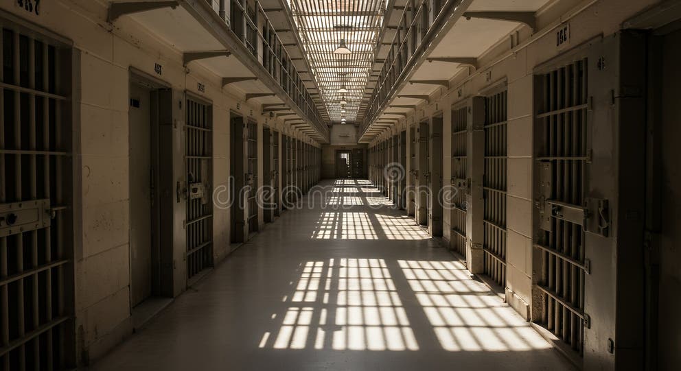 Prison Cell Block: Long Corridor Lined with Steel Bars and Light ...