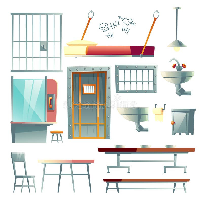 Prison Cell Interior Elements Cartoon Vector Set Stock Vector ...