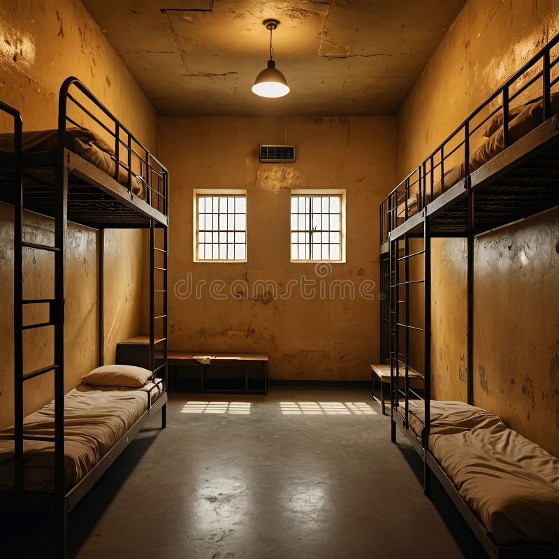 PRISON CELL INTERIOR with FOUR BEDS, TWO WINDOWS Stock Illustration ...
