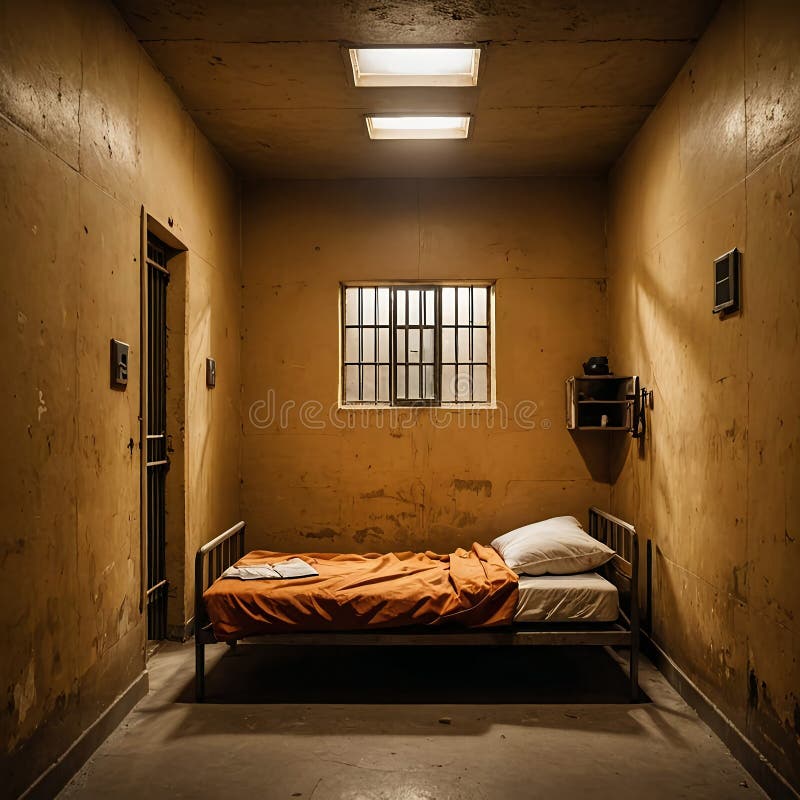 PRISON CELL INTERIOR with ONE BED and a SMALL WALL SHELF Stock ...