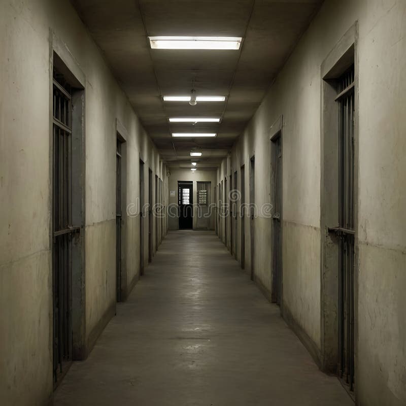 Prison Cells Corridor Interior with Many Metal Doors Stock Illustration - Illustration of ...