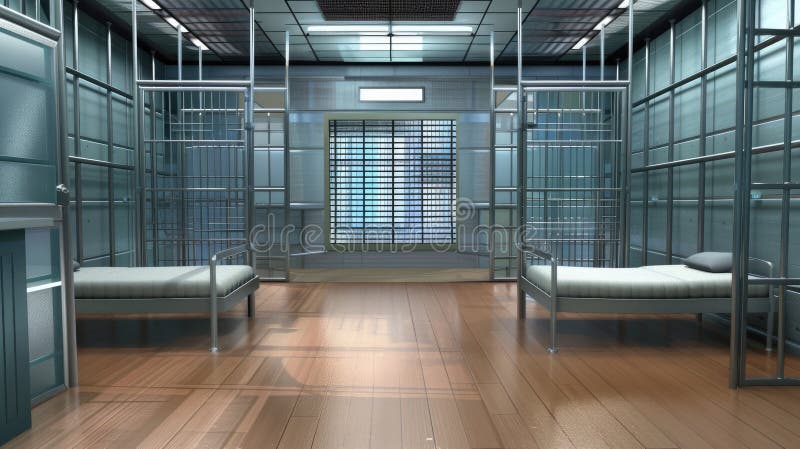 A Prison Cell with Two Beds and a Window, Showing a Room with Metal ...