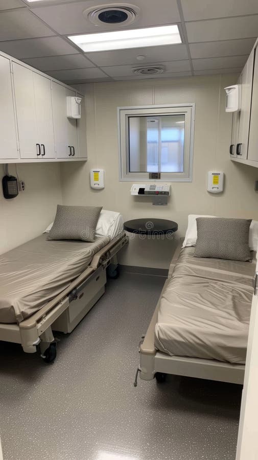 A Prison Cell with Two Beds and a Window, Showing a Room with Metal ...