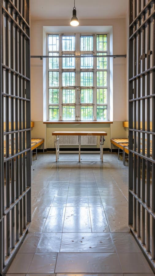 A Prison Cell with Two Beds and a Window, Showing a Room with Metal ...