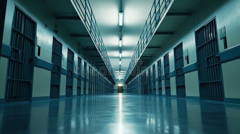 Prison Corridor with Cell Doors and Bars Security Justice Confinement ...