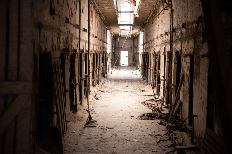 Prison Corridor with Cells on Both Sides Stock Image - Image of darkens ...