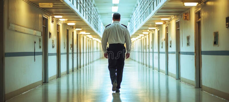 Prison Guard Walking Down Jail Corridor Past Cells Stock Photo - Image ...