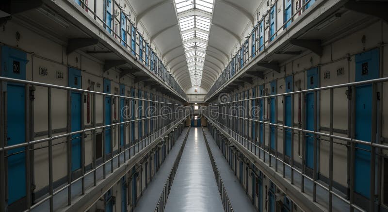 Prison Interior: Long Hall of Cells Stretching To a Distant Window in ...