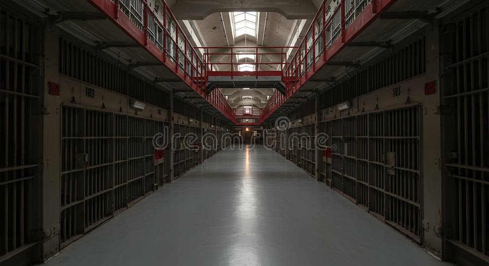 Prison Interior Long Hallway with Cells and Overlook, Prison, Jail ...