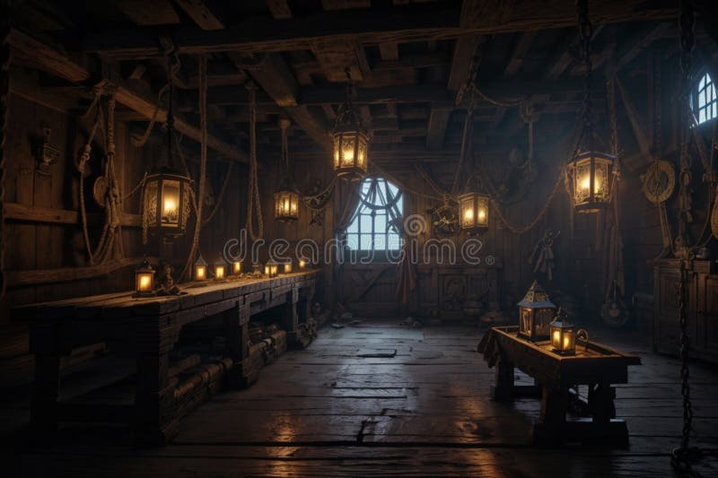 Pirate Ship Interior Background in Perspective Stock Illustration ...