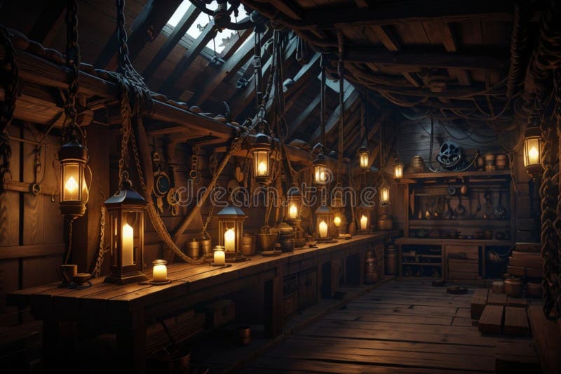 Pirate Ship Interior Background in Perspective Stock Illustration ...