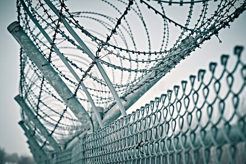 Prison fence. Barbed wire. stock image. Image of circles - 234282989