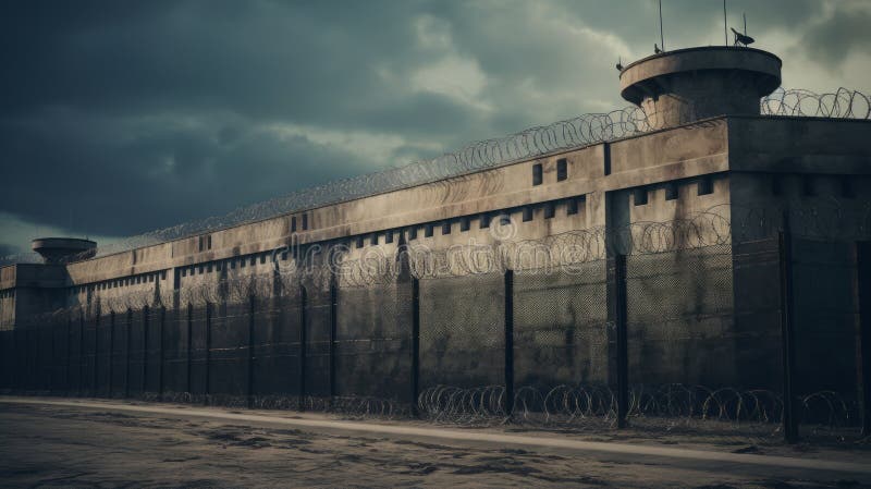 Prison Wall with Barbed Wire and Surveillance Tower. Neural Network Ai ...