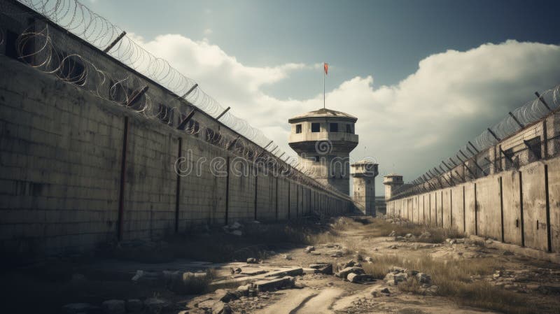 Prison Wall with Barbed Wire and Surveillance Tower. Neural Network Ai ...
