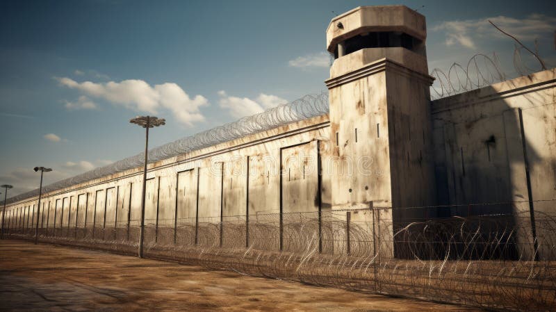 Prison Wall with Barbed Wire and Surveillance Tower. Neural Network Ai ...