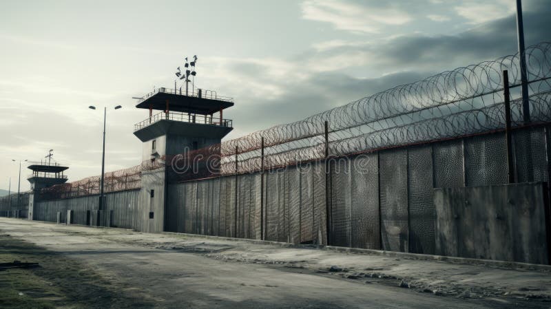 Prison Wall with Barbed Wire and Surveillance Tower. Neural Network Ai ...