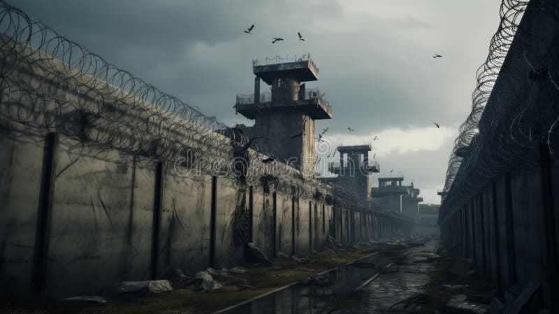 Prison Wall with Barbed Wire and Surveillance Tower. Neural Network Ai ...