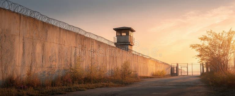 The Prison Wall at Sunset with a Guard Tower and Wild Vegetation..AI ...