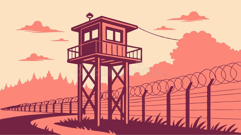 Prison Watchtower with Barbed Wire, Stark Surveillance, Vector Design ...