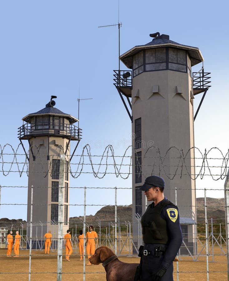 Prison Yard with Prisoners and Security and Two Tall Guard Towers Stock ...