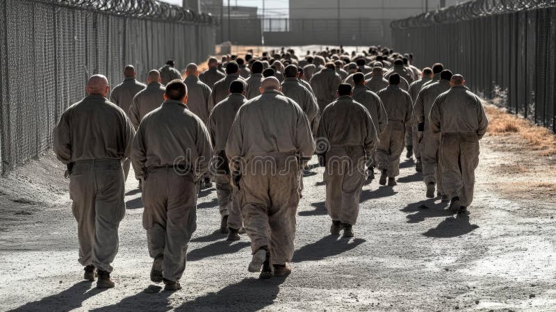 Prison Yard Procession Inmates in Uniform Silently Walk in Formation ...