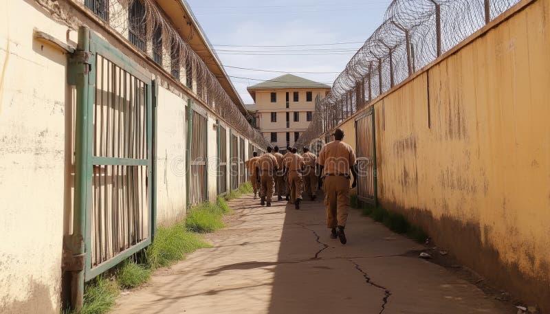 Prison Yard Procession Inmates in Uniform Walking in Line, Conveying ...