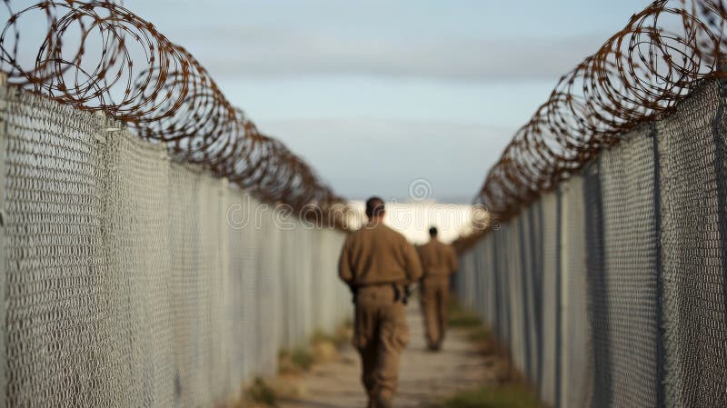 Prison Yard Security Two Guards Patrol within a Secure Double Razor ...