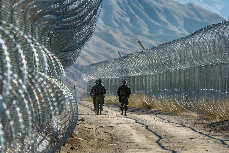Prison Yard Security: Two Guards Patrolling Inside Razor Wire-enclosed ...