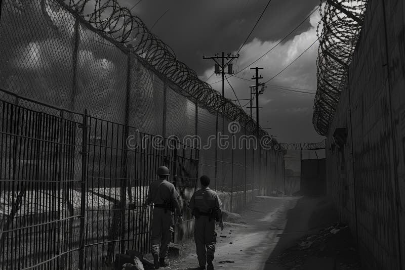 Prison Yard Security: Two Guards Patrolling Inside Razor Wire-enclosed ...