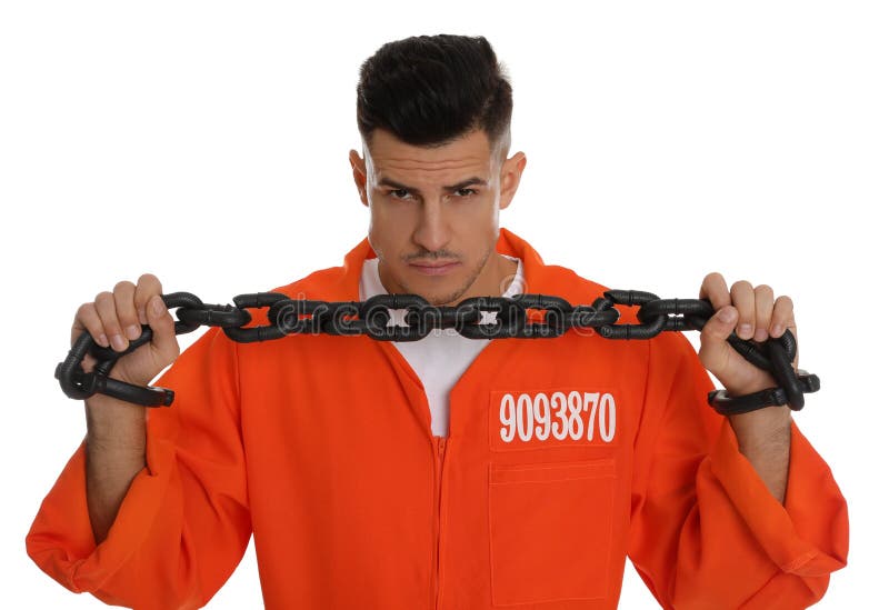 Prisoner in Orange Jumpsuit with Chained Hands on White Background ...