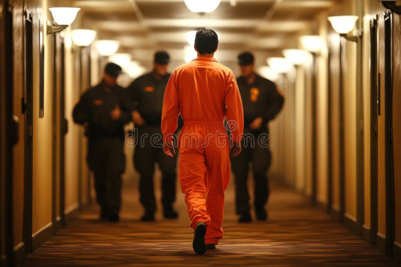 Prisoner in an Orange Jumpsuit Walking Down a Corridor, Escorted by ...