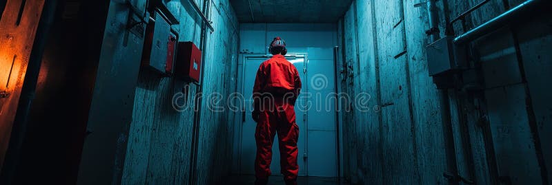 A Prisoner in a Red Jumpsuit Stands in a Dark Hallway Looking Down a ...