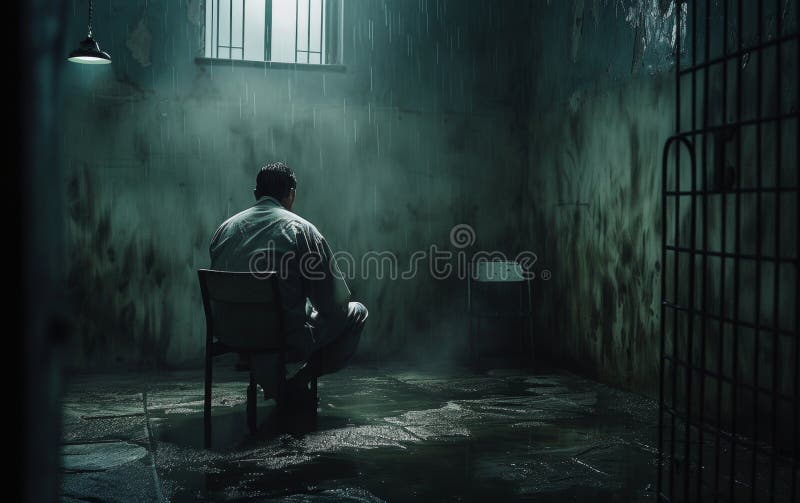 A Prisoner Sits on a Chair in a Gloomy Cell, Facing an Empty Chair ...