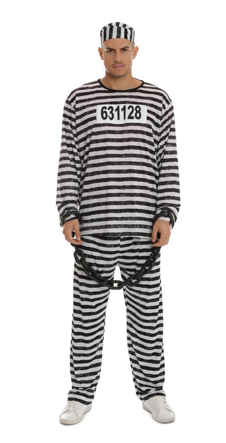 Prisoner in Striped Uniform with Chained Hands on White Background ...
