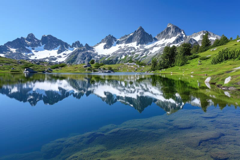Pristine Alpine Lake Reflecting Snow Capped Peaks Stock Image - Image ...