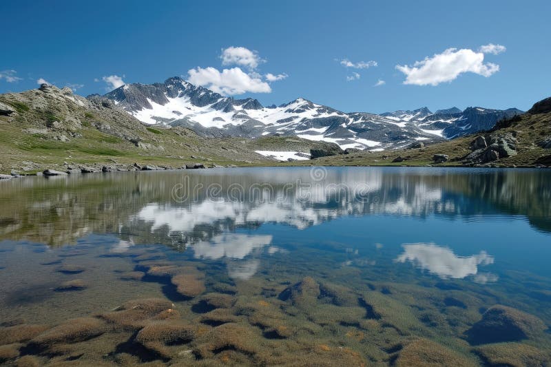 Pristine Alpine Lake Reflecting Snow Capped Peaks Stock Image - Image ...
