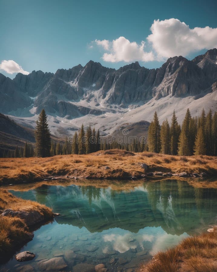 Pristine Alpine Lake Reflecting Surrounding Peaks. Stock Illustration ...