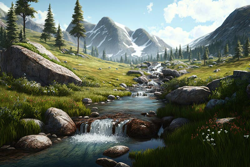 Pristine Alpine Meadow with a Babbling Brook and Waterfall Stock ...