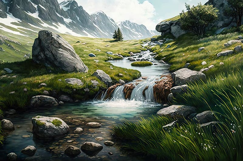 Pristine Alpine Meadow with a Babbling Brook and Waterfall Stock ...