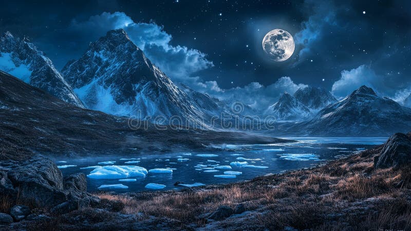 A Pristine Arctic Tundra with Scattered Icebergs Glowing Under a Full ...