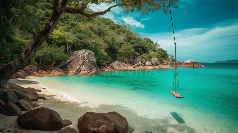 Pristine Beach with Turquoise Water and Rope Swing. Generative Ai Stock ...