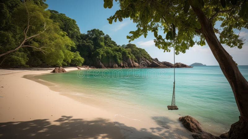 Pristine Beach with Turquoise Water and Rope Swing. Generative Ai Stock ...