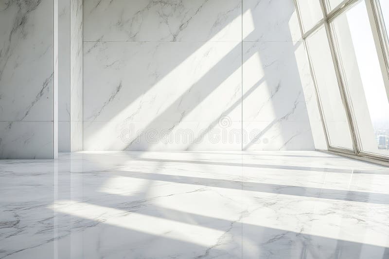 Bright Empty Marble Room Interior with Modern Window and Cityscape View ...