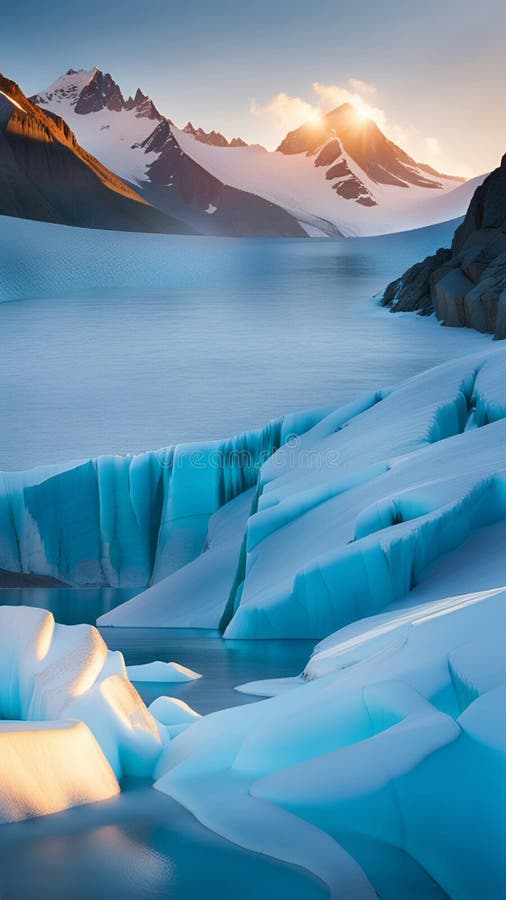 Pristine Glacier Glowing in Golden Light at Sunrise Stock Illustration ...